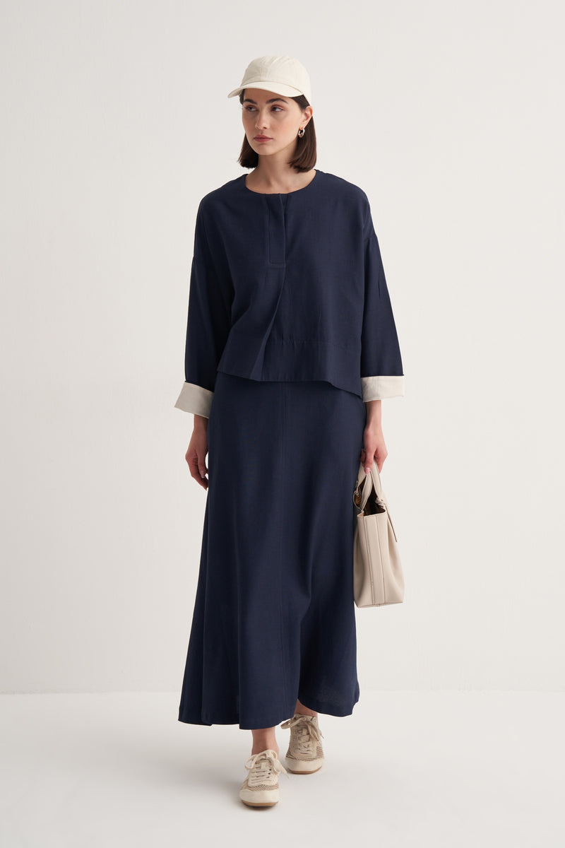 Kadın Dökümlü Pamuklu Pileli Bluz Etek Takım Lacivert